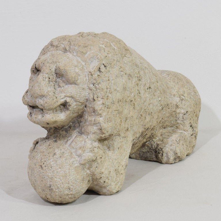 Italian 17/ 18th Century Carved Stone Lion Holding a Ball For Sale at ...