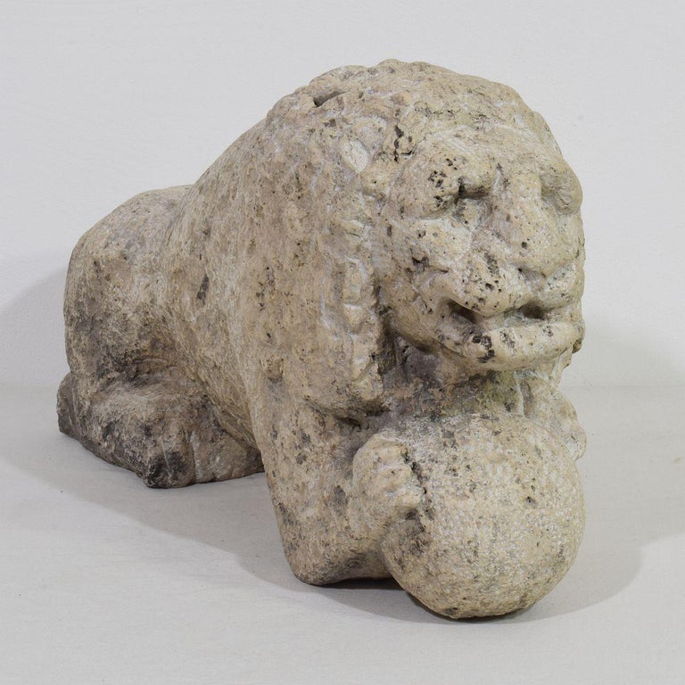 Italian 17/ 18th Century Carved Stone Lion Holding a Ball For Sale at ...
