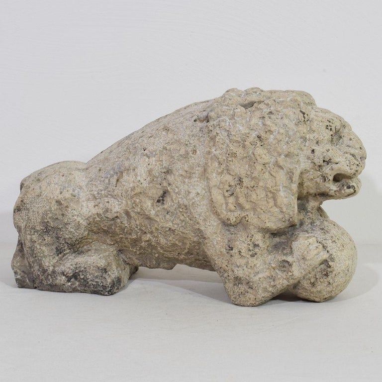 Italian 17/ 18th Century Carved Stone Lion Holding a Ball For Sale at ...