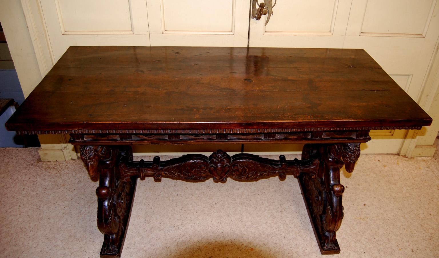 Italian 17th Century Carved Walnut Center Table Figural and Rams Head ...