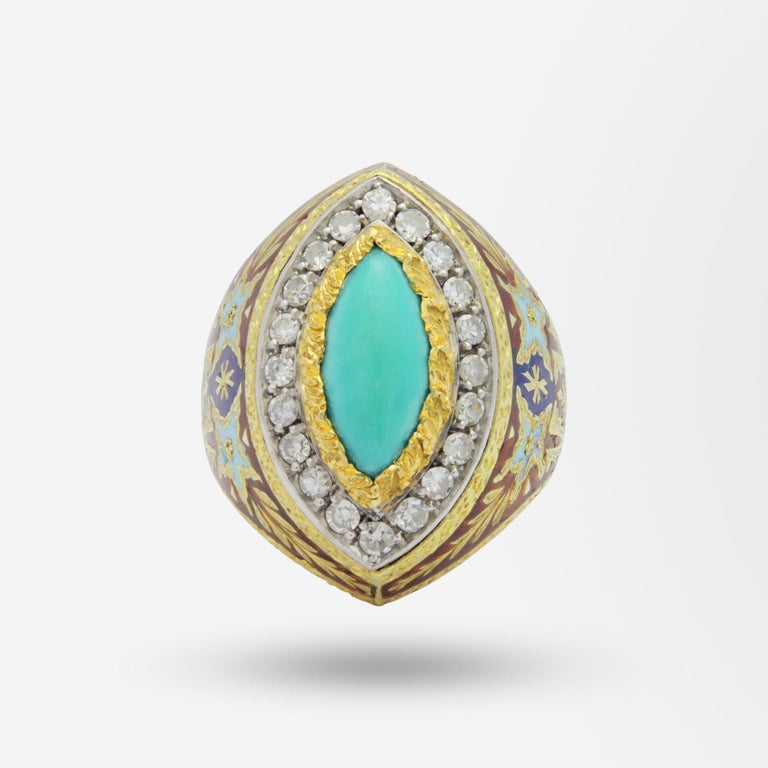 Italian, 18 Karat Gold, Diamond and Turquoise Ring by Cazzaniga at 1stDibs
