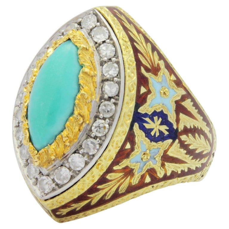 Italian, 18 Karat Gold, Diamond and Turquoise Ring by Cazzaniga at 1stDibs