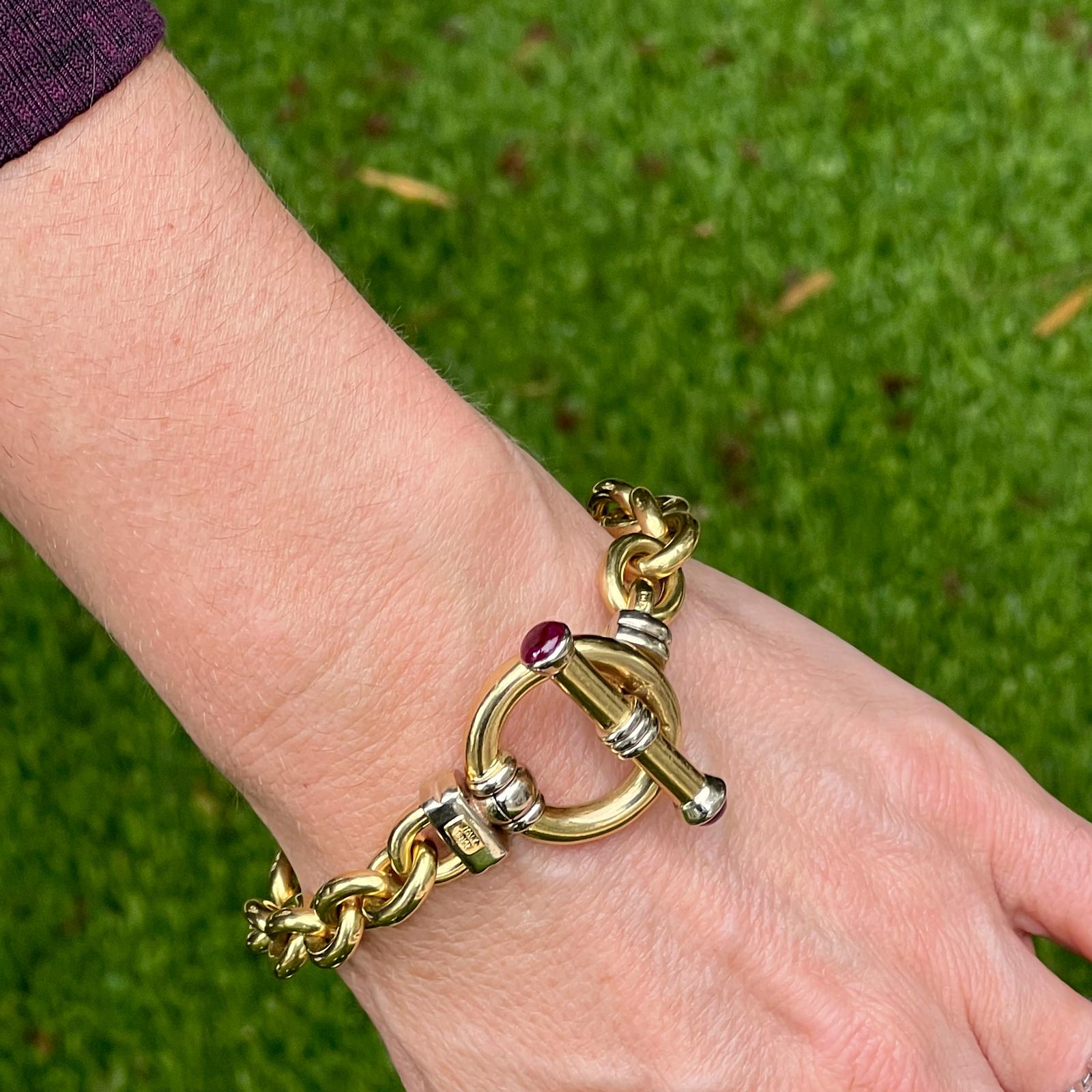 Italian 18 Karat Two Tone Gold Oval Link Bracelet Ruby Toggle Clasp at ...