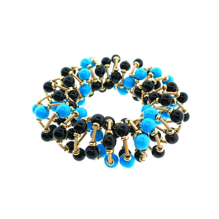Italian 18 Karat Yellow Gold Turquoise and Onyx Scrunchie Bracelet For ...