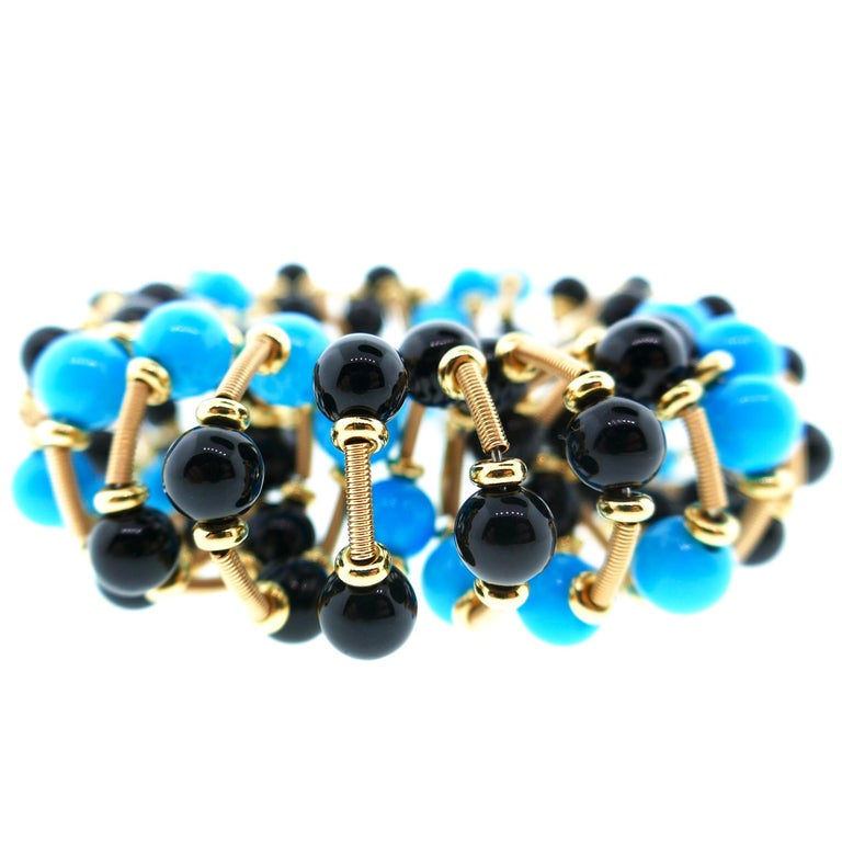 Italian 18 Karat Yellow Gold Turquoise and Onyx Scrunchie Bracelet For ...