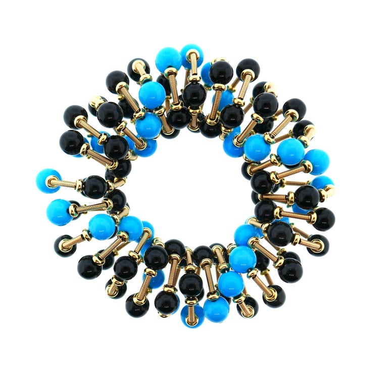Italian 18 Karat Yellow Gold Turquoise and Onyx Scrunchie Bracelet For ...