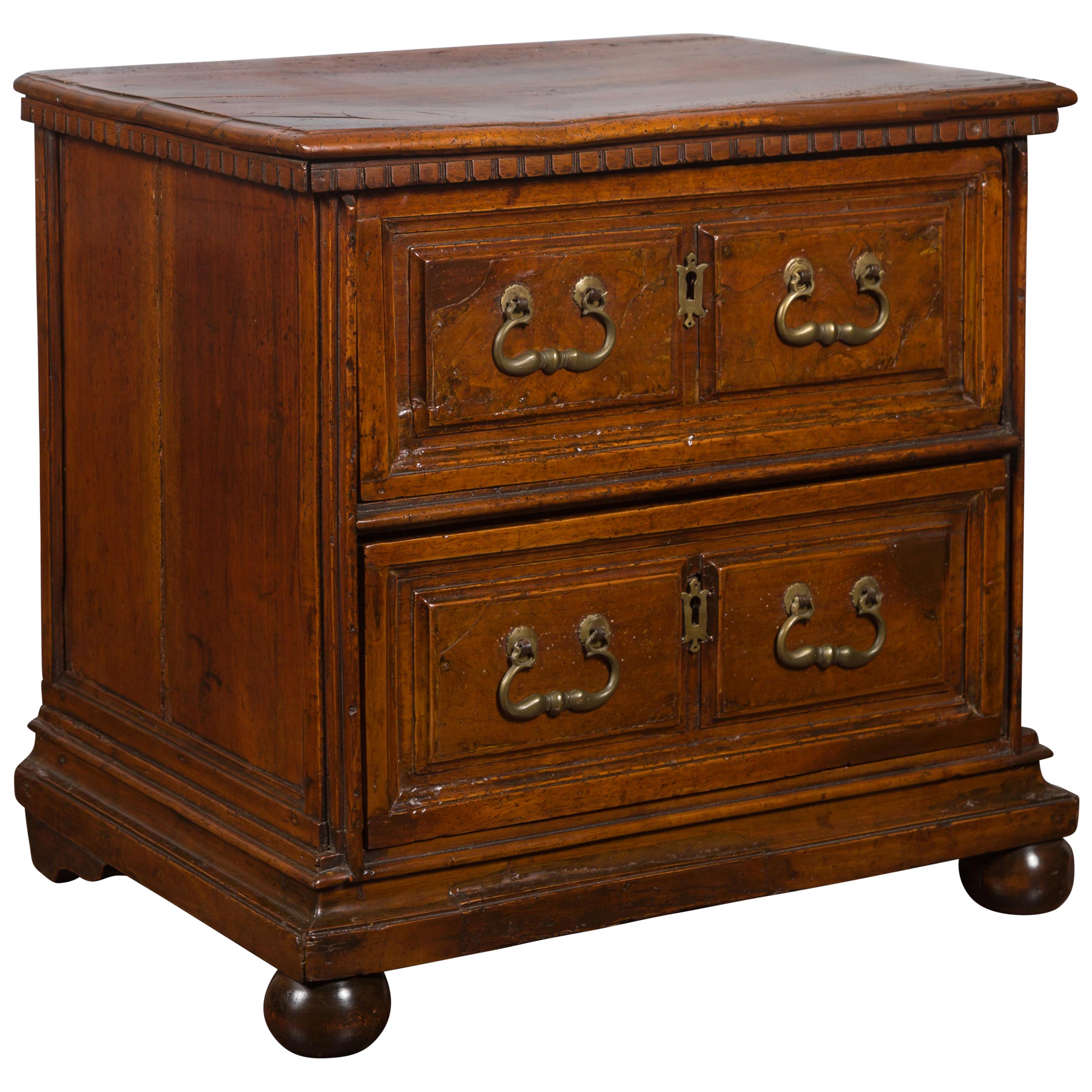 Italian 1810s Petite Walnut Commode with Two-Paneled Drawers and Dentil ...