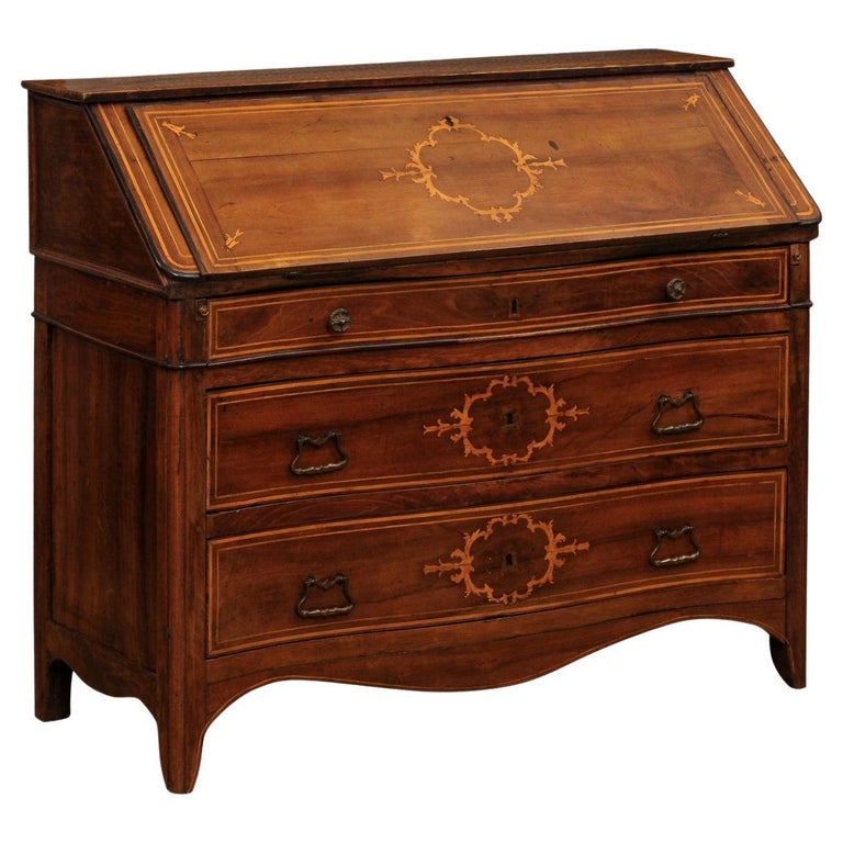 Italian 1820s Walnut and Maple Slant Front Desk with Floral Marquetry ...