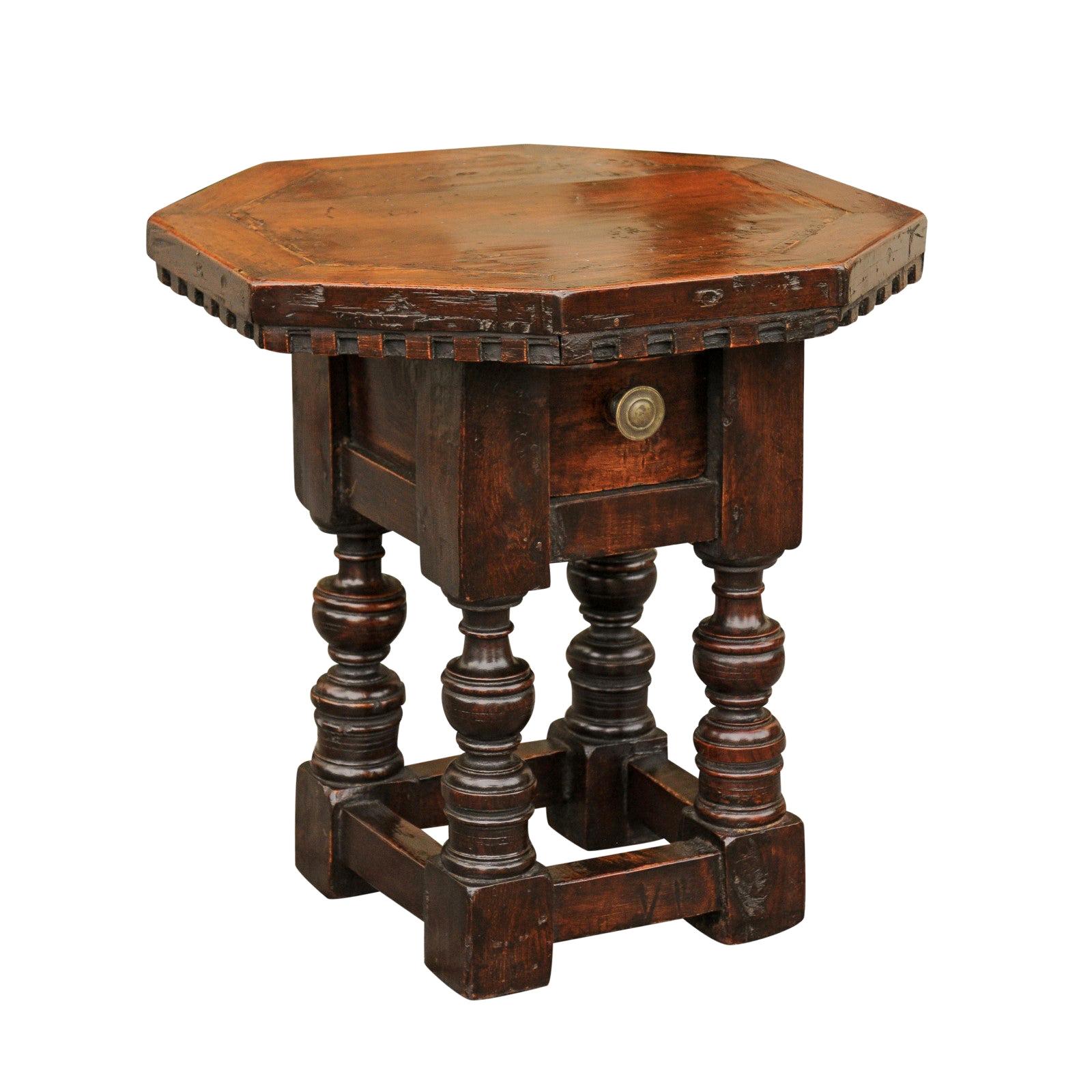 Italian 1840s Walnut Side Table with Octagonal Top, One Drawer and ...