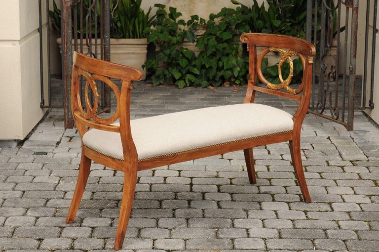 Italian 1860s Parcel-Gilt Walnut Bench with Ouroboros Motifs and ...