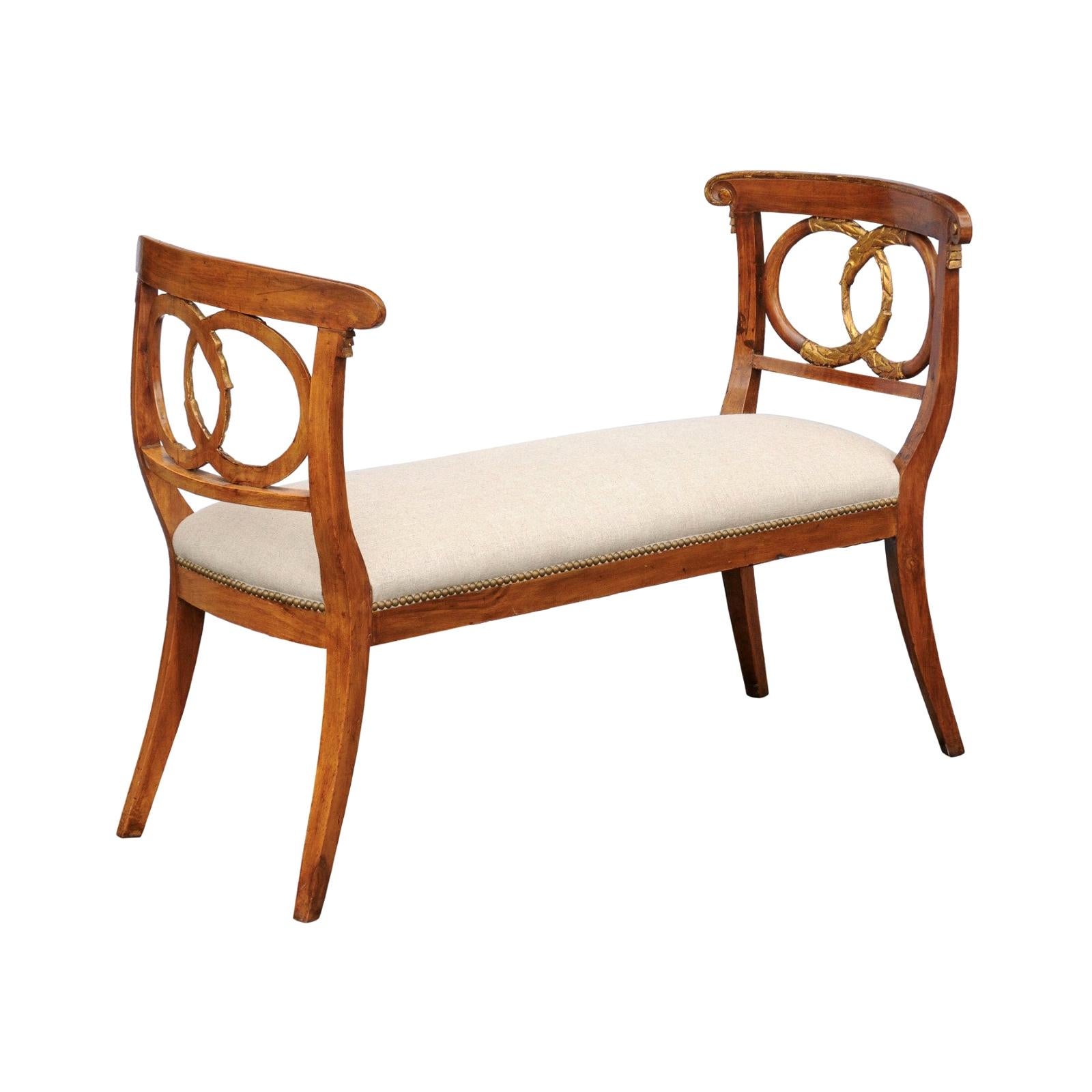 Italian 1860s Parcel-Gilt Walnut Bench with Ouroboros Motifs and ...