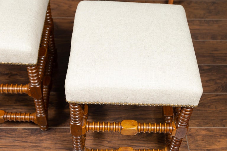Italian 1860s Walnut Spool Leg Stool with New Upholstery and Side ...