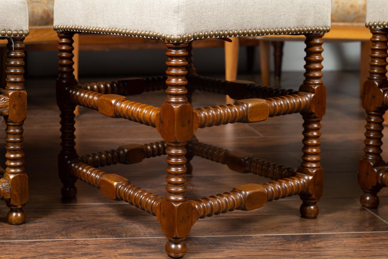 Italian 1860s Walnut Spool Leg Stool with New Upholstery and Side ...