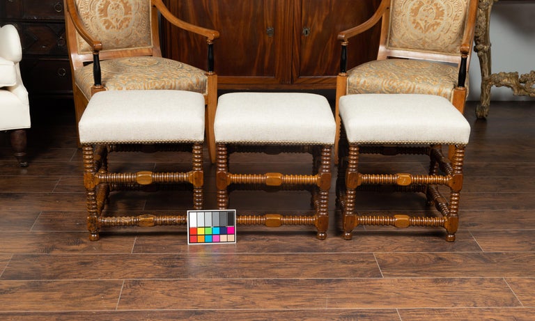 Italian 1860s Walnut Spool Leg Stool with New Upholstery and Side ...