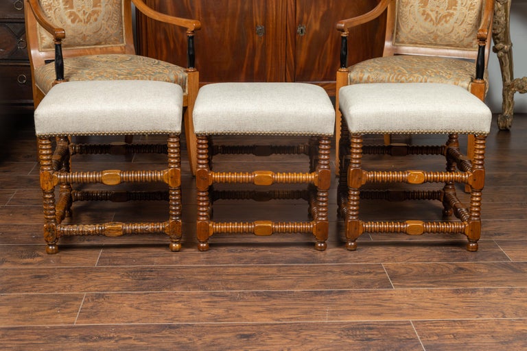 Italian 1860s Walnut Spool Leg Stool with New Upholstery and Side ...