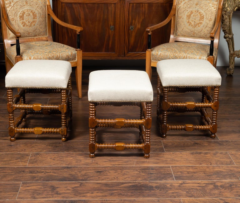 Italian 1860s Walnut Spool Leg Stool with New Upholstery and Side ...