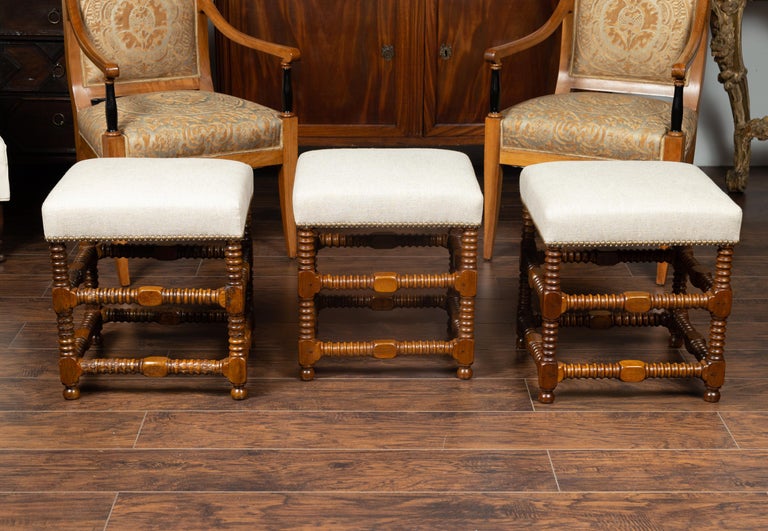 Italian 1860s Walnut Spool Leg Stool with New Upholstery and Side ...