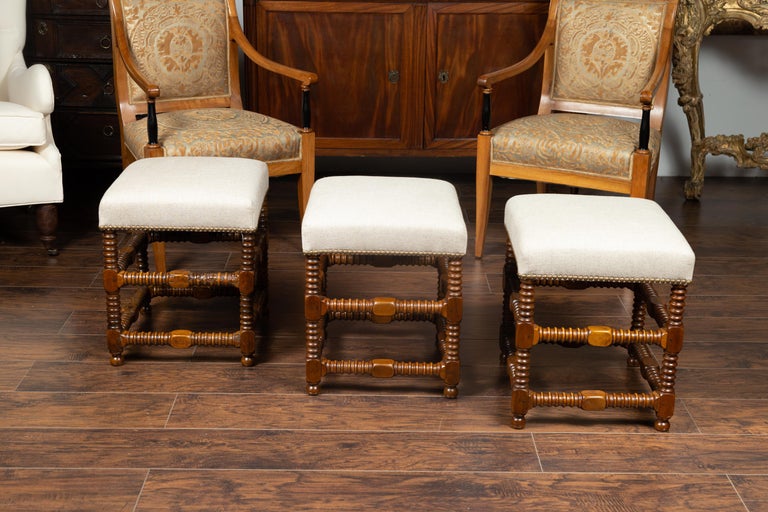 Italian 1860s Walnut Spool Leg Stool with New Upholstery and Side ...