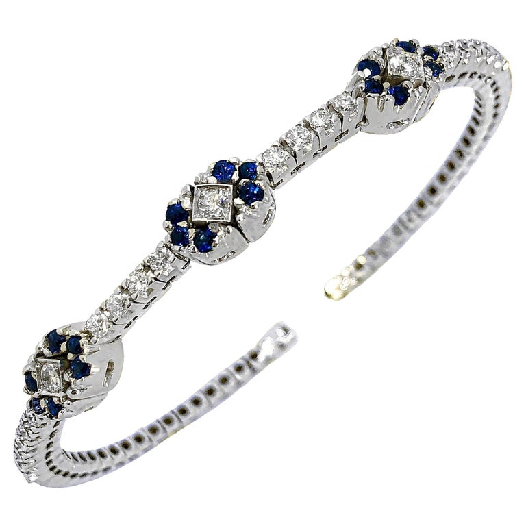 Italian, 18K White Gold Diamond and Sapphire Bangle Bracelet For Sale ...