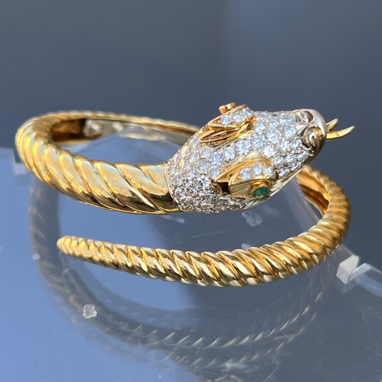 Italian 18k Yellow Gold Diamond Emerald Serpent Snake Hinged Bangle For ...