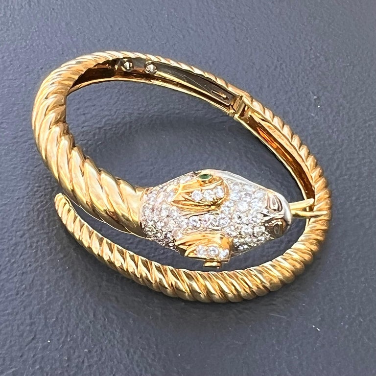 Italian 18k Yellow Gold Diamond Emerald Serpent Snake Hinged Bangle For ...