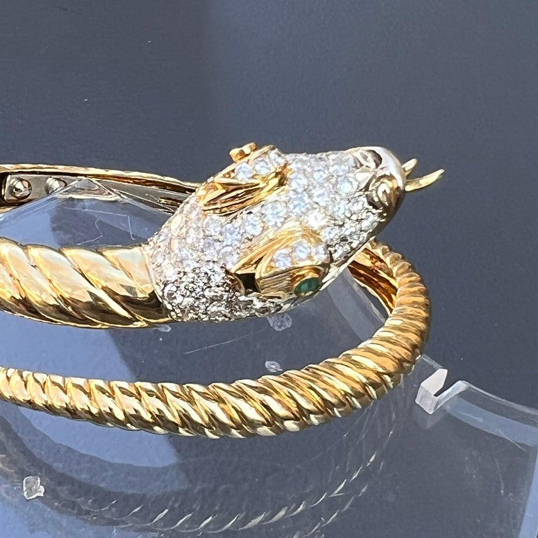 Italian 18k Yellow Gold Diamond Emerald Serpent Snake Hinged Bangle For ...