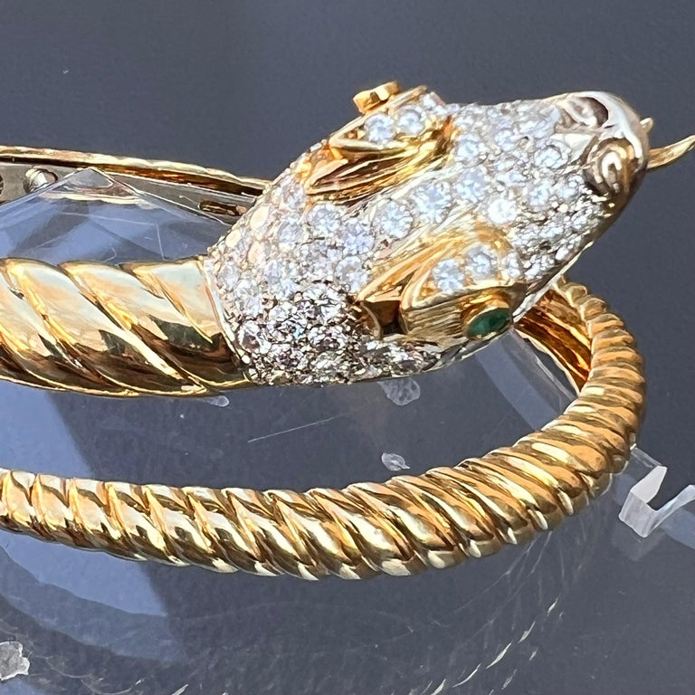 Italian 18k Yellow Gold Diamond Emerald Serpent Snake Hinged Bangle For ...