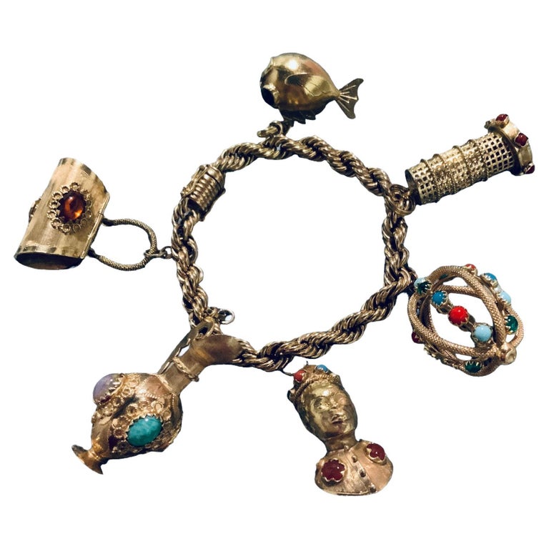 Italian 18k Yellow Gold Double Rope Charms Bracelet For Sale at 1stDibs
