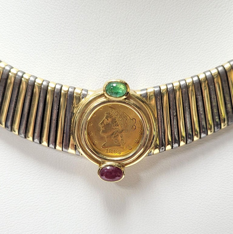 Italian 18k Yellow Gold, Hematite, Cabochon Ruby and Emerald Coin ...
