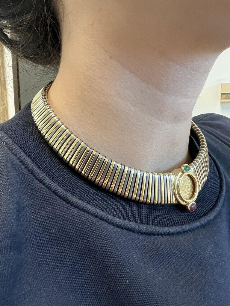 Italian 18k Yellow Gold, Hematite, Cabochon Ruby and Emerald Coin ...