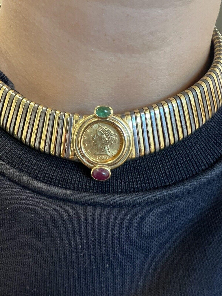 Italian 18k Yellow Gold, Hematite, Cabochon Ruby and Emerald Coin ...