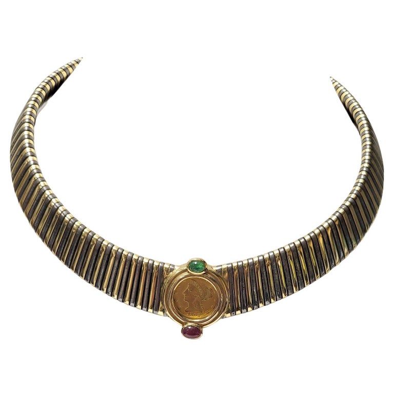 Italian 18k Yellow Gold, Hematite, Cabochon Ruby and Emerald Coin ...
