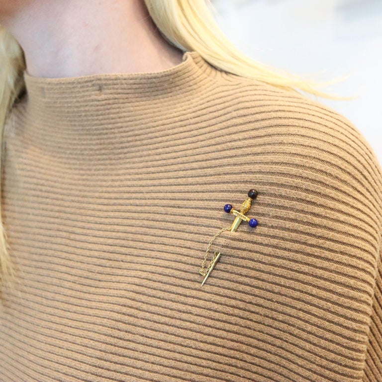 Italian 1950 Dagger Jabot Brooch in 18 Karat Yellow Gold with Lapis ...