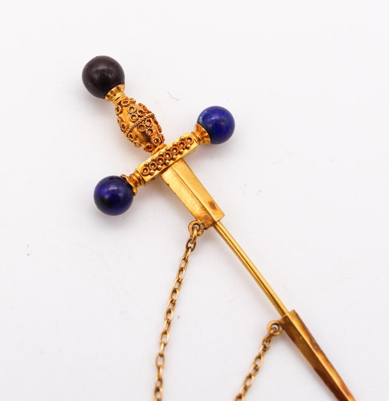Italian 1950 Dagger Jabot Brooch in 18 Karat Yellow Gold with Lapis ...
