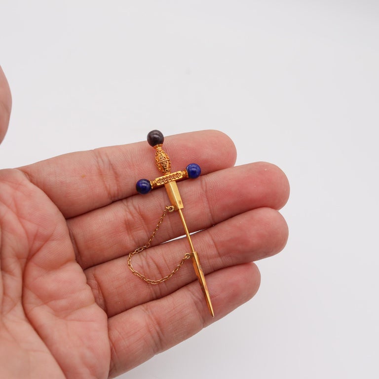 Italian 1950 Dagger Jabot Brooch in 18 Karat Yellow Gold with Lapis ...