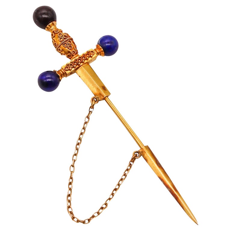 Italian 1950 Dagger Jabot Brooch in 18 Karat Yellow Gold with Lapis ...