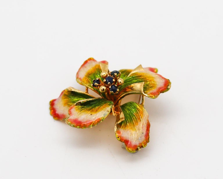 Italian 1950 Midcentury Enameled Flower Brooch in 18 Karat Gold with ...