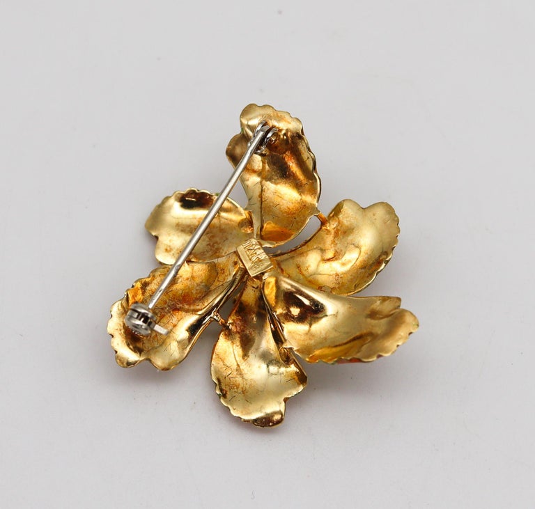 Italian 1950 Midcentury Enameled Flower Brooch in 18 Karat Gold with ...