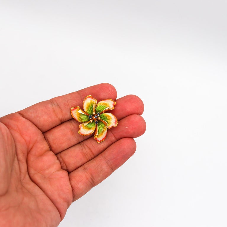 Italian 1950 Midcentury Enameled Flower Brooch in 18 Karat Gold with ...