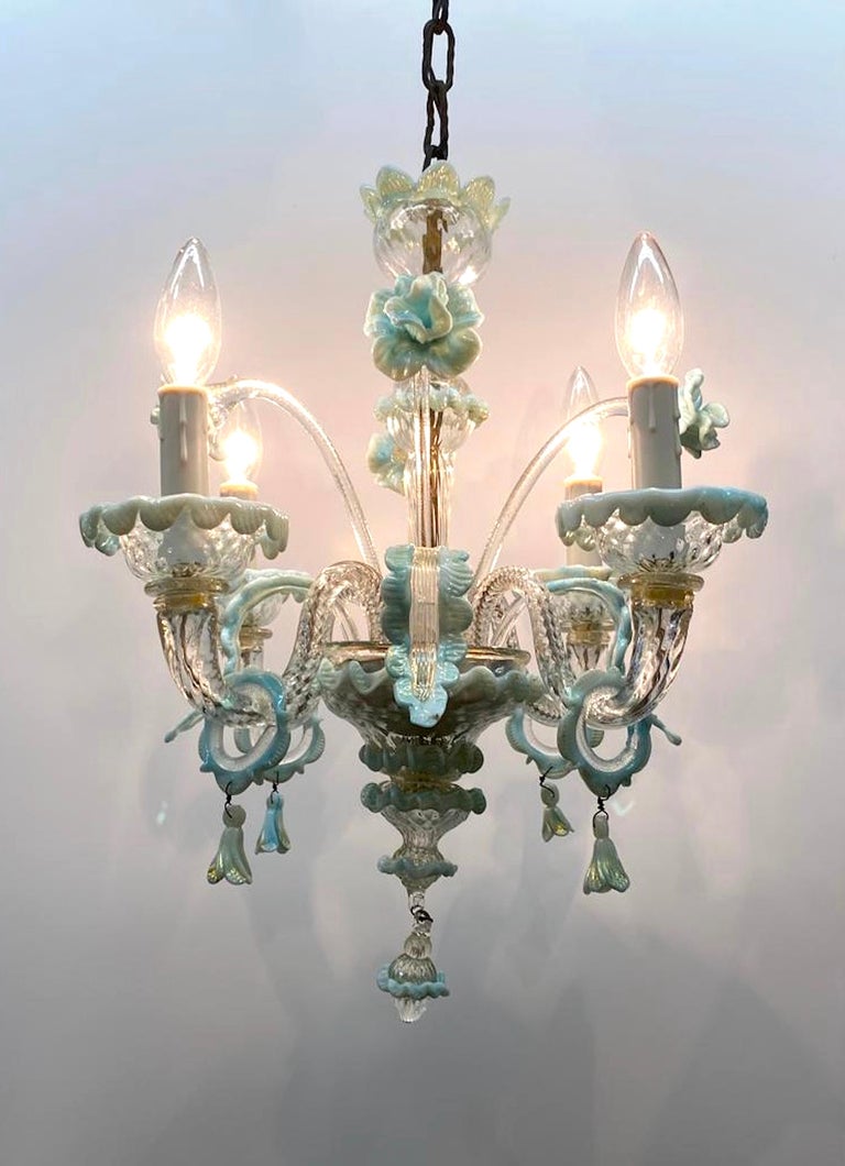 Italian 1950s Clear and Light Blue Venetian Glass Petit Chandelier For ...