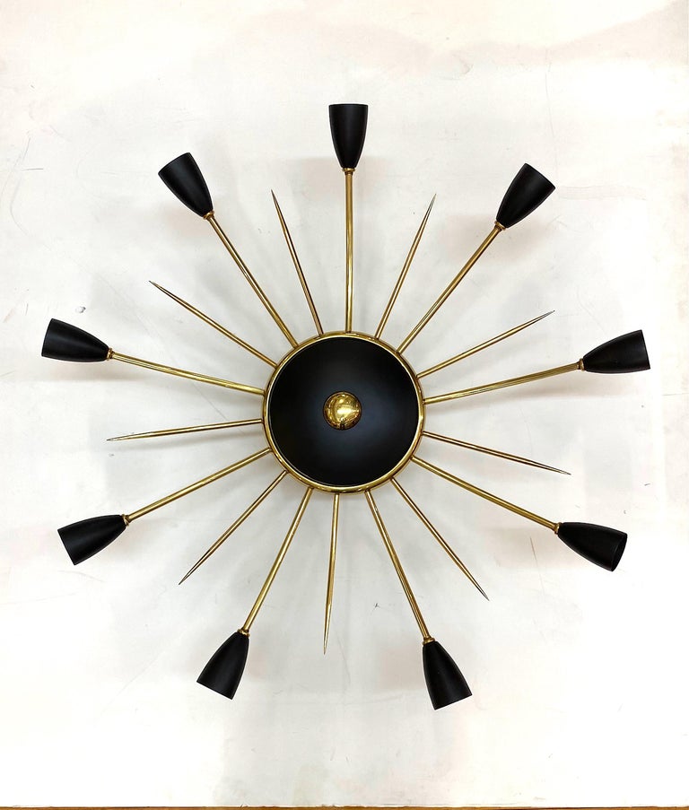 Italian 1950s Large Brass and Black Enamel Star-Burst Ceiling Mount ...