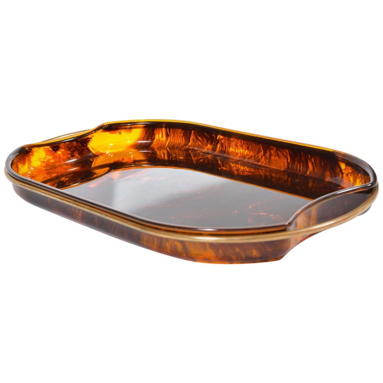 Italian 1950s Lucite and Brass Faux Tortoise Shell Tray at 1stDibs