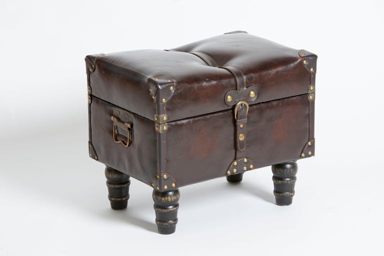 Italian 1950's Pair of Leather and Oak Stool Trunks with Side Handle ...