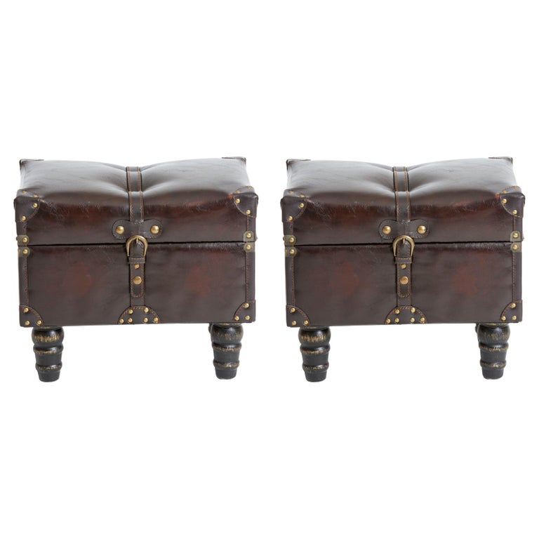 Italian 1950's Pair of Leather and Oak Stool Trunks with Side Handle ...