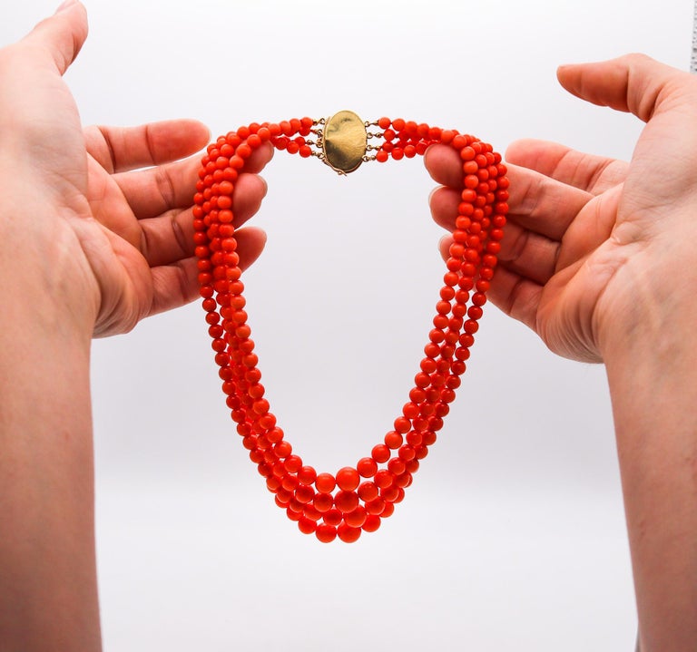 Italian 1960 Four Strands Graduated Coral Necklace Mount in 18kt Yellow ...