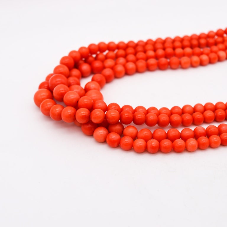 Italian 1960 Four Strands Graduated Coral Necklace Mount in 18kt Yellow ...