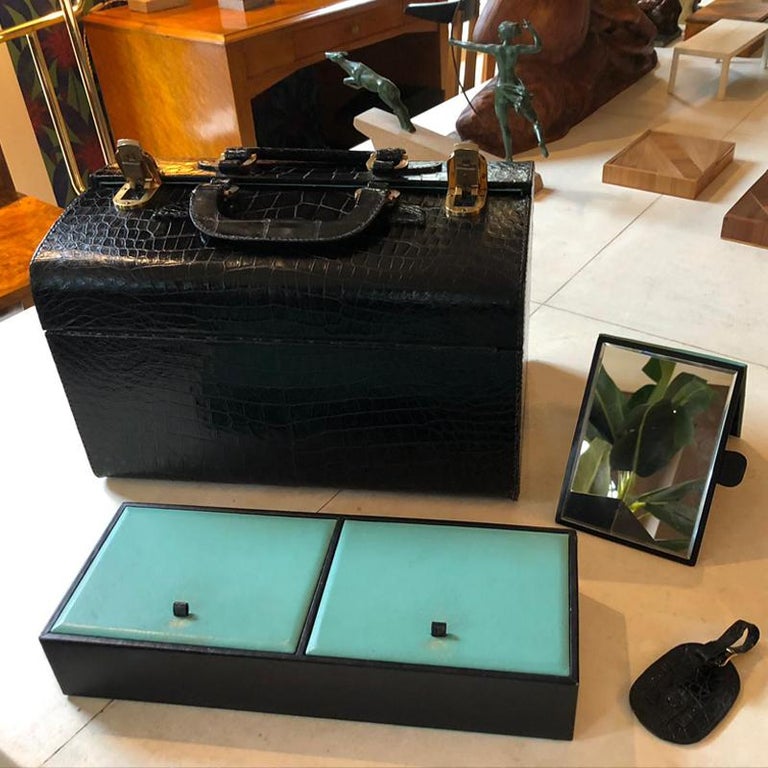 Italian 1960s Black Train Case in Crocodile For Sale at 1stDibs