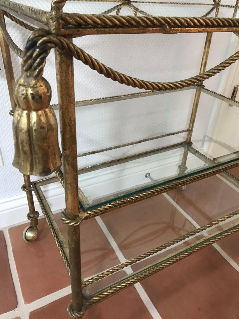 Italian 1960s Gilt Metal Rope and Tassel Bar Cart For Sale at 1stDibs
