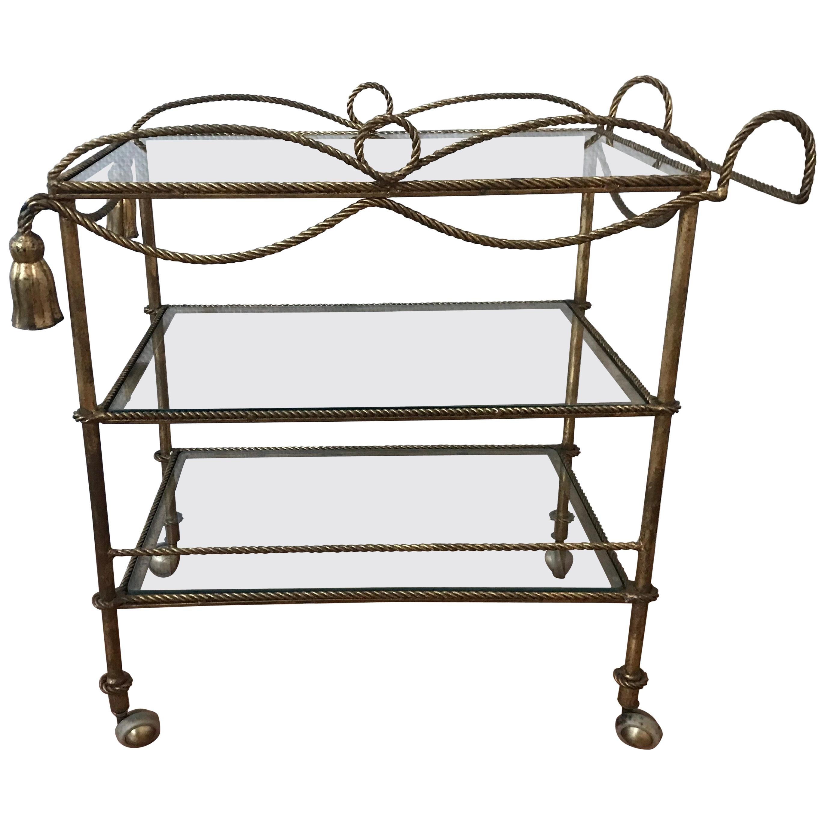 Italian 1960s Gilt Metal Rope and Tassel Bar Cart For Sale at 1stDibs