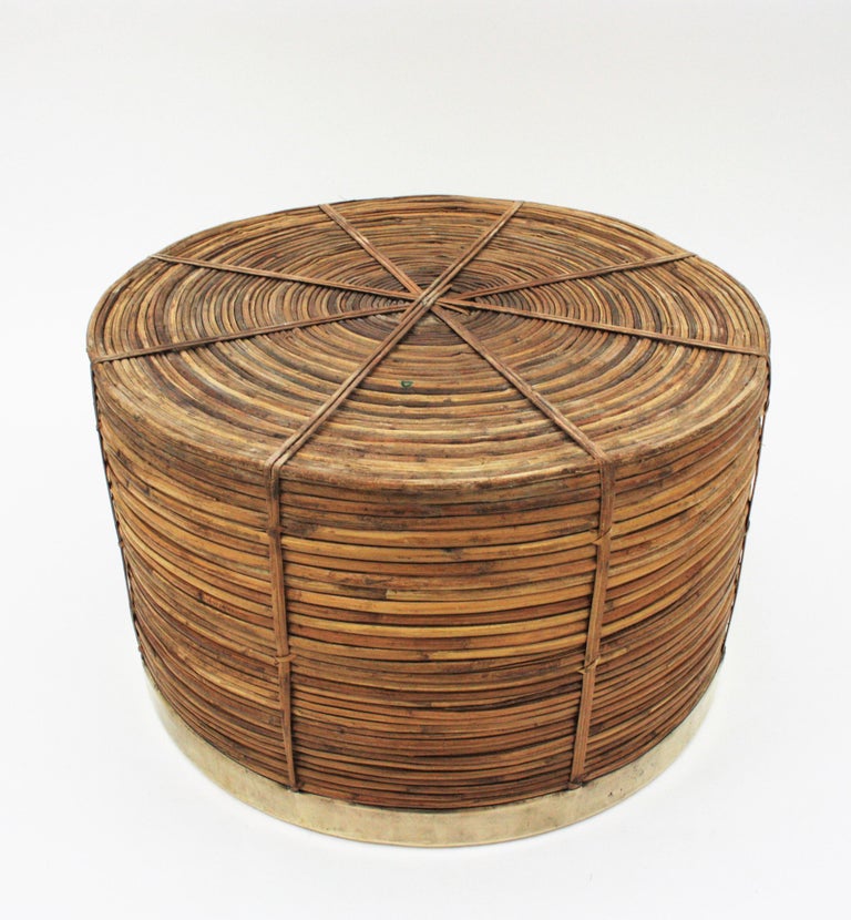 Italian 1970s Extra Large Rattan Round Planter with Brass Rim For Sale ...